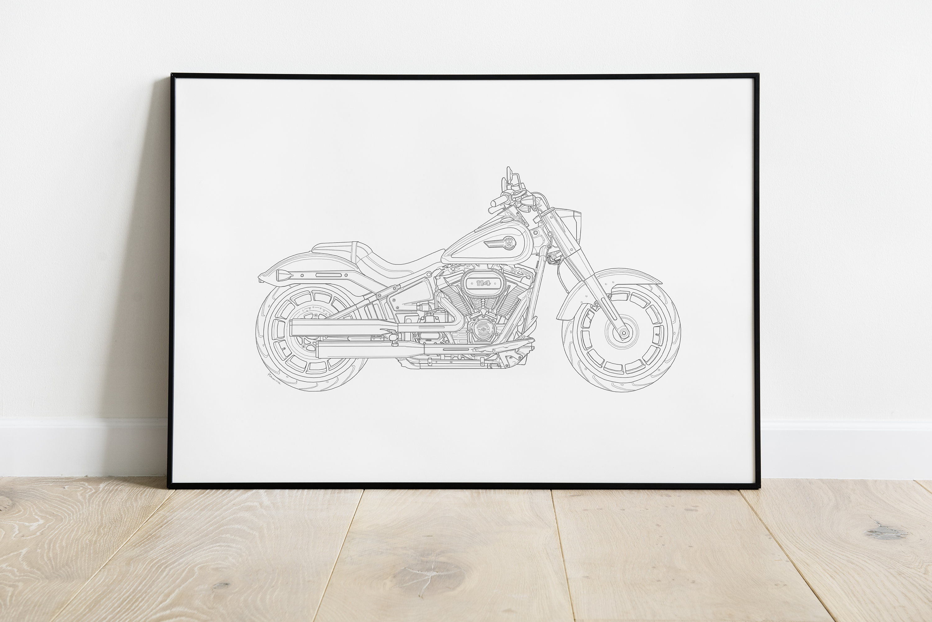 Harley Davidson Motorbike, Fatboy 114, Line Art Drawing, Digital ...