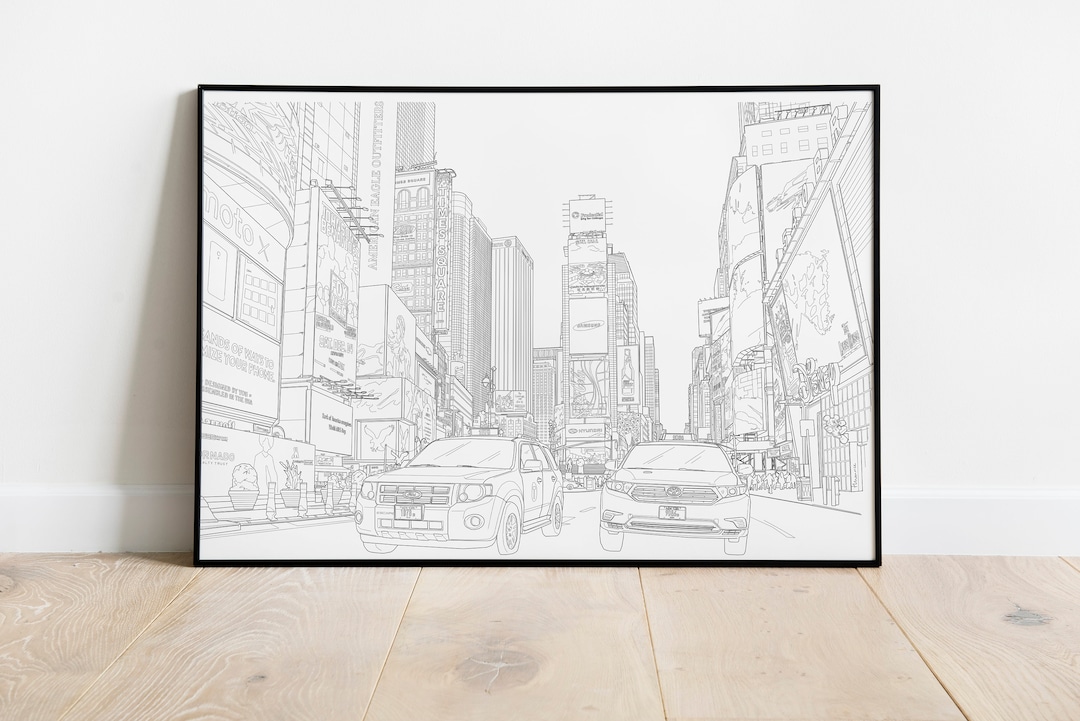 Times Square, New York, Line Art Drawing, Landmark, Home and Travel ...