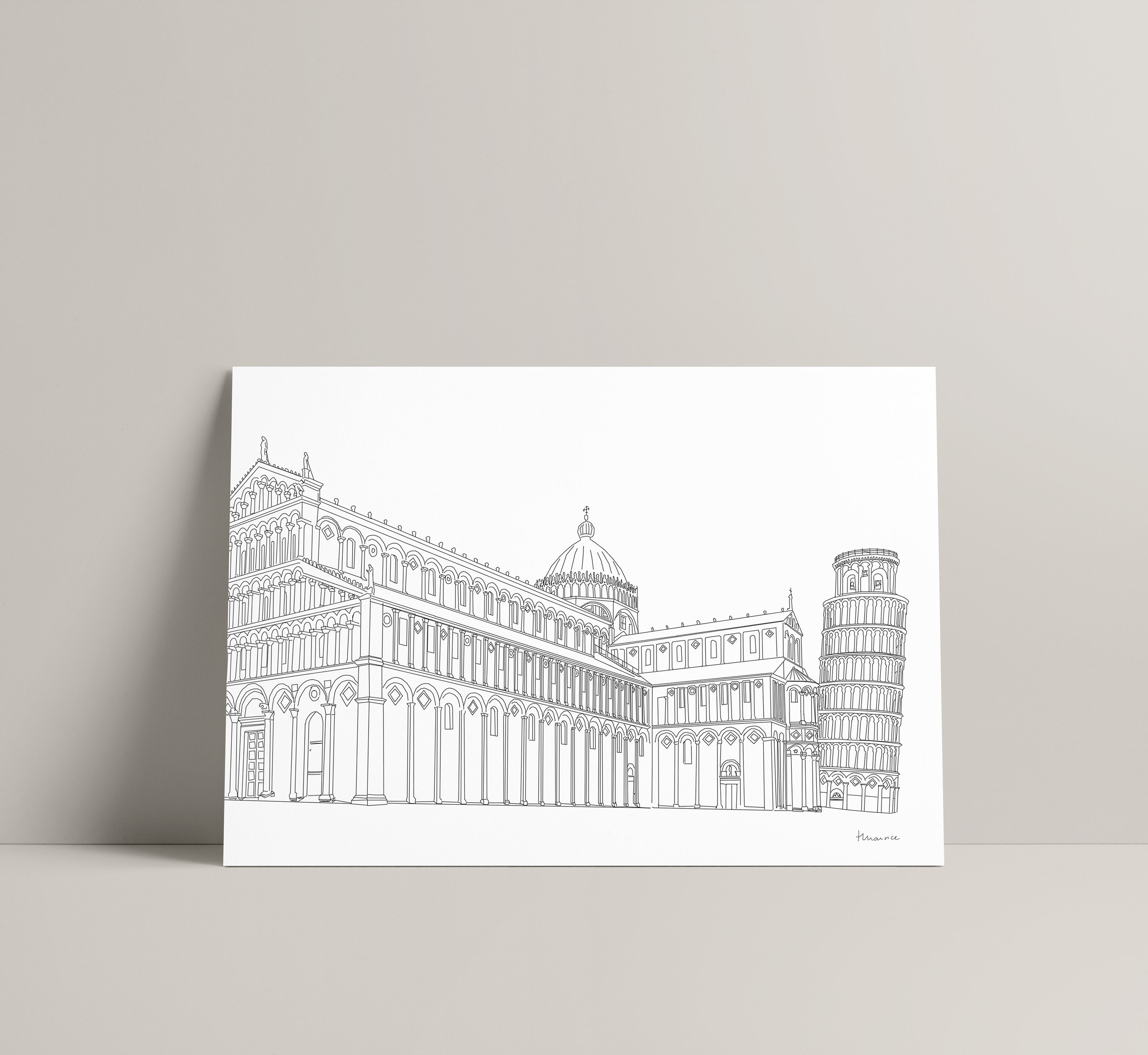 Pisa, Italy, Line Art Drawing, the Leaning Tower, Street View, Landmark ...