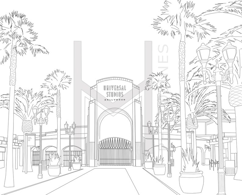 Universal Studios, Hollywood, Los Angeles, Line Art, Line Drawing ...