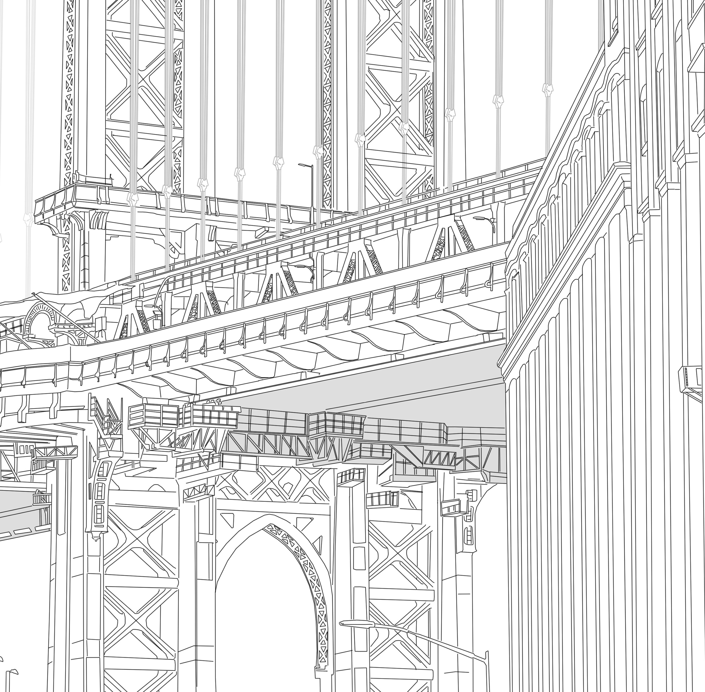 Brooklyn Bridge, New York, USA, Line Art Drawing, City Scene, Landmark ...
