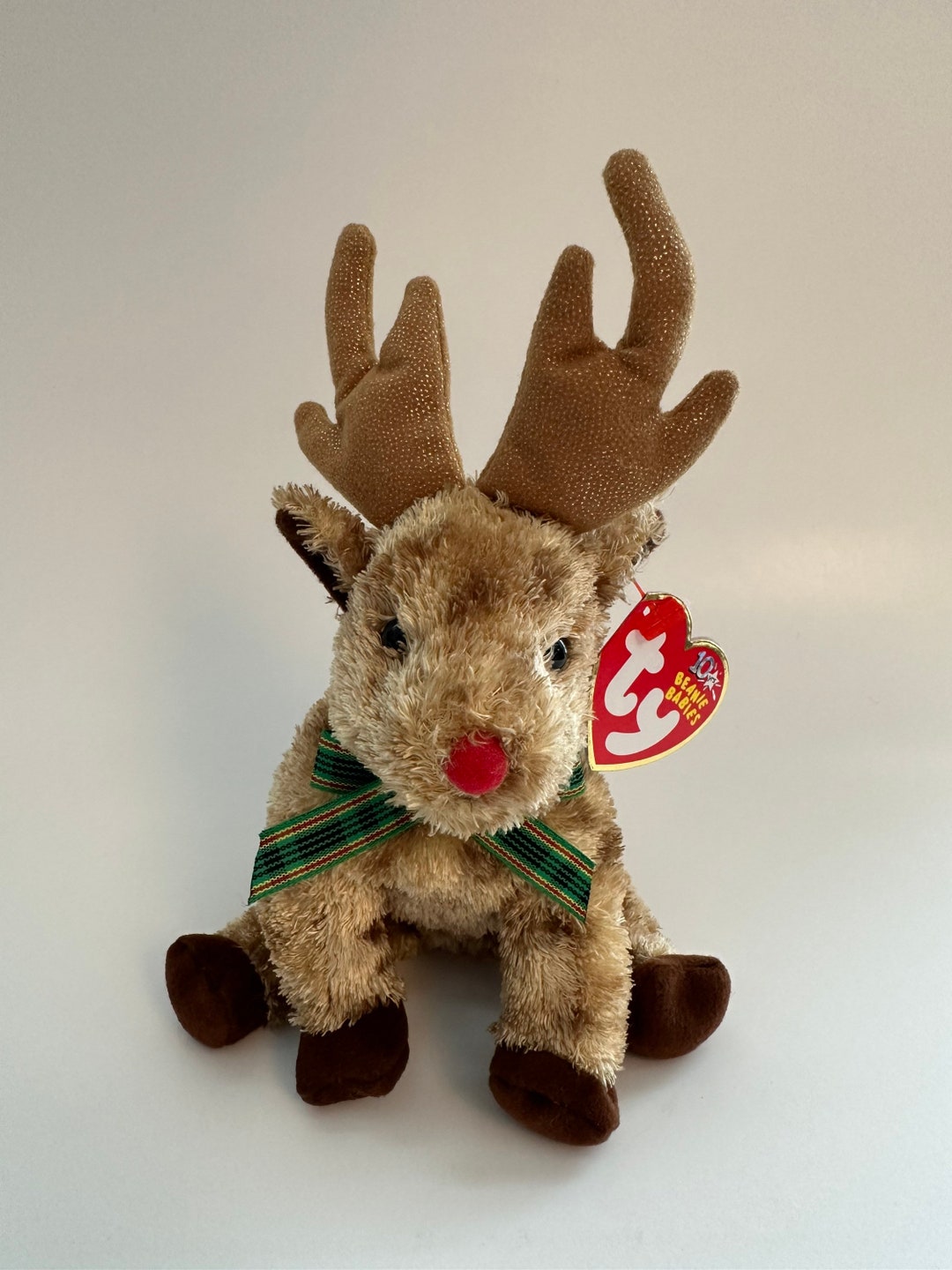 Ty Beanie Baby “rudy” the Reindeer Wearing Green Plaid Scarf (6.5 Inch ...
