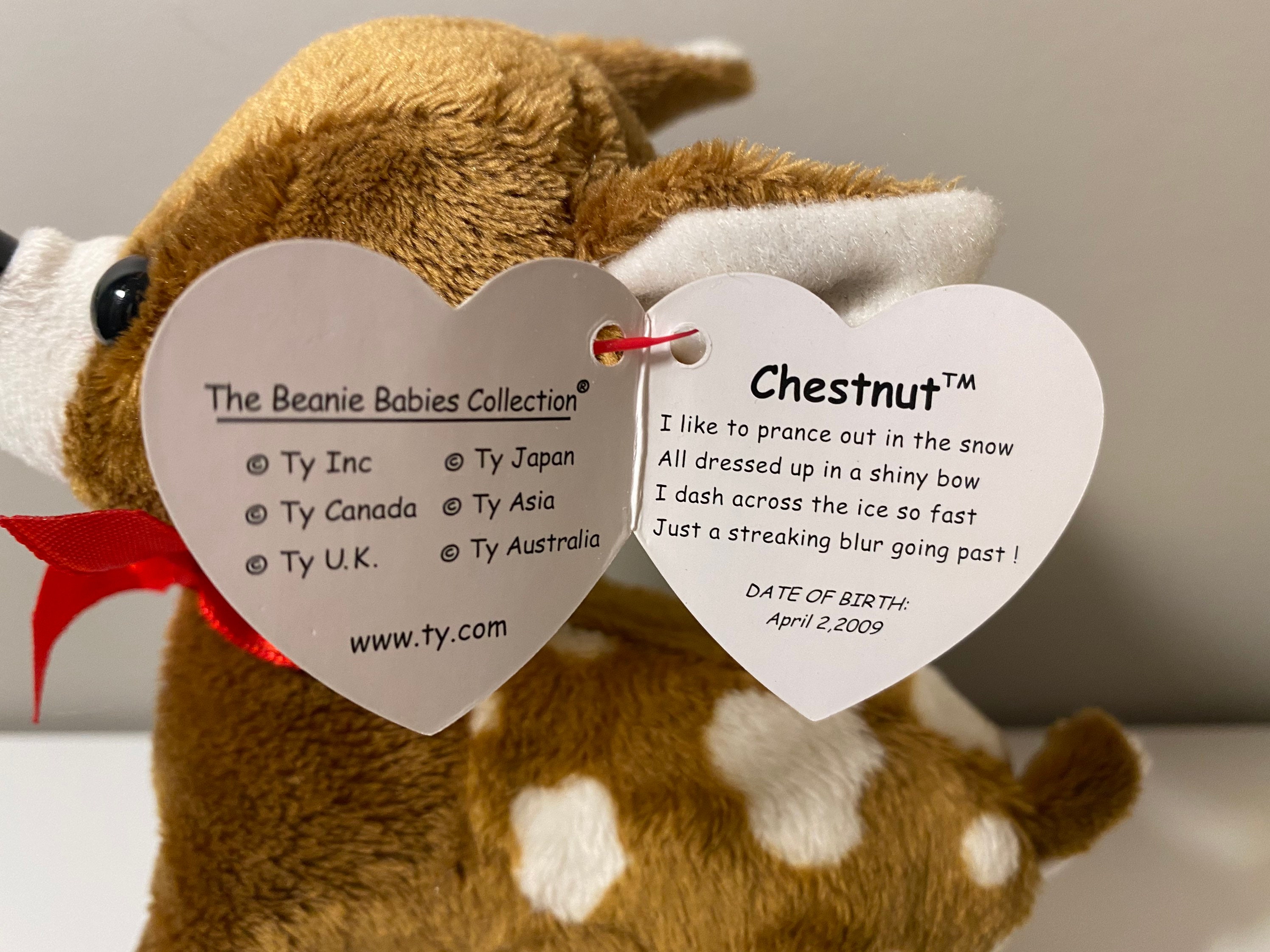 TY Beanie Baby Chestnut the Reindeer with Red Bow 6 inch | Etsy