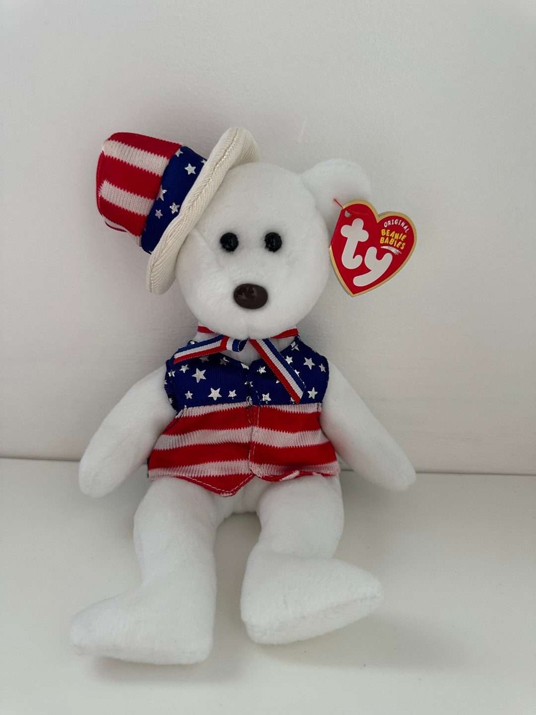 Ty Beanie Baby “sam” the White American Bear With Patriotic Hat! (8.5 ...