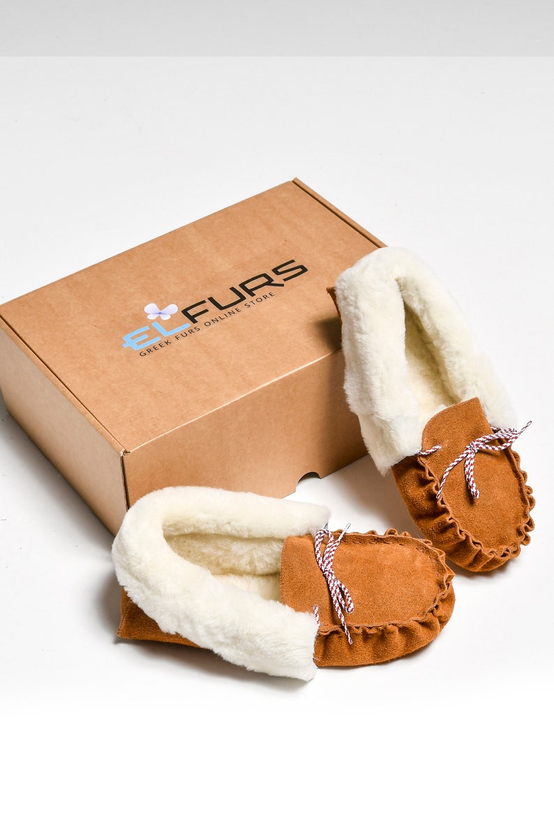 Brown Suede Moccasin Slippers: Sheepskin Wool Lining, Flexible Sole - Etsy