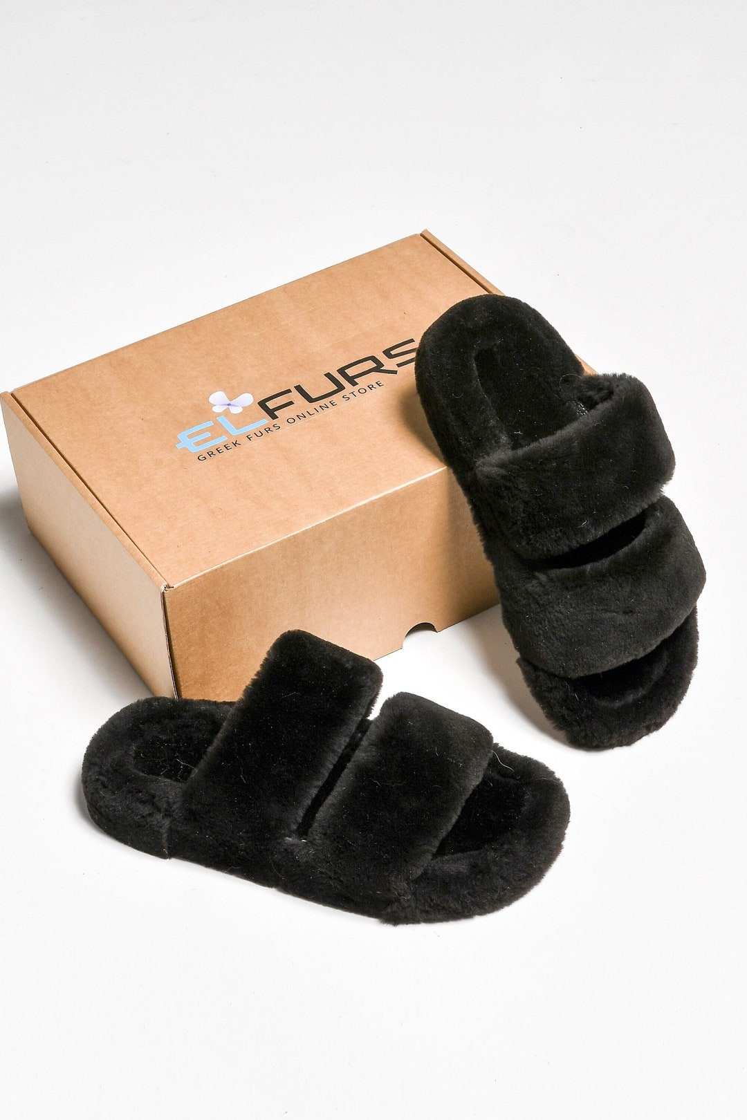Low Soled Flurry Black Fur Women Slides Beaver Fur Natural Fur Slides ...