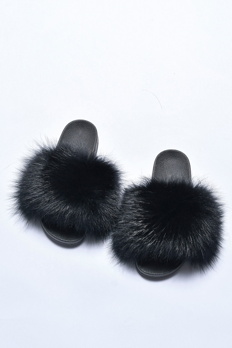 Women's Sliders Low-sole Sliders Black Sliders Polar Fox Fur Sliders ...