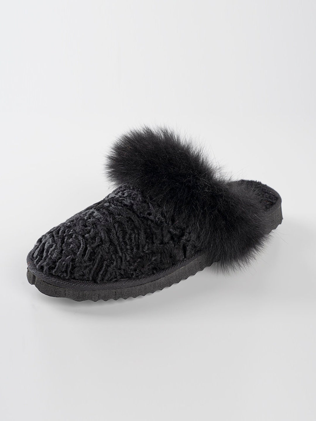 Black Slippers Karakul Slippers Natural Fur Slippers Women's Slippers ...