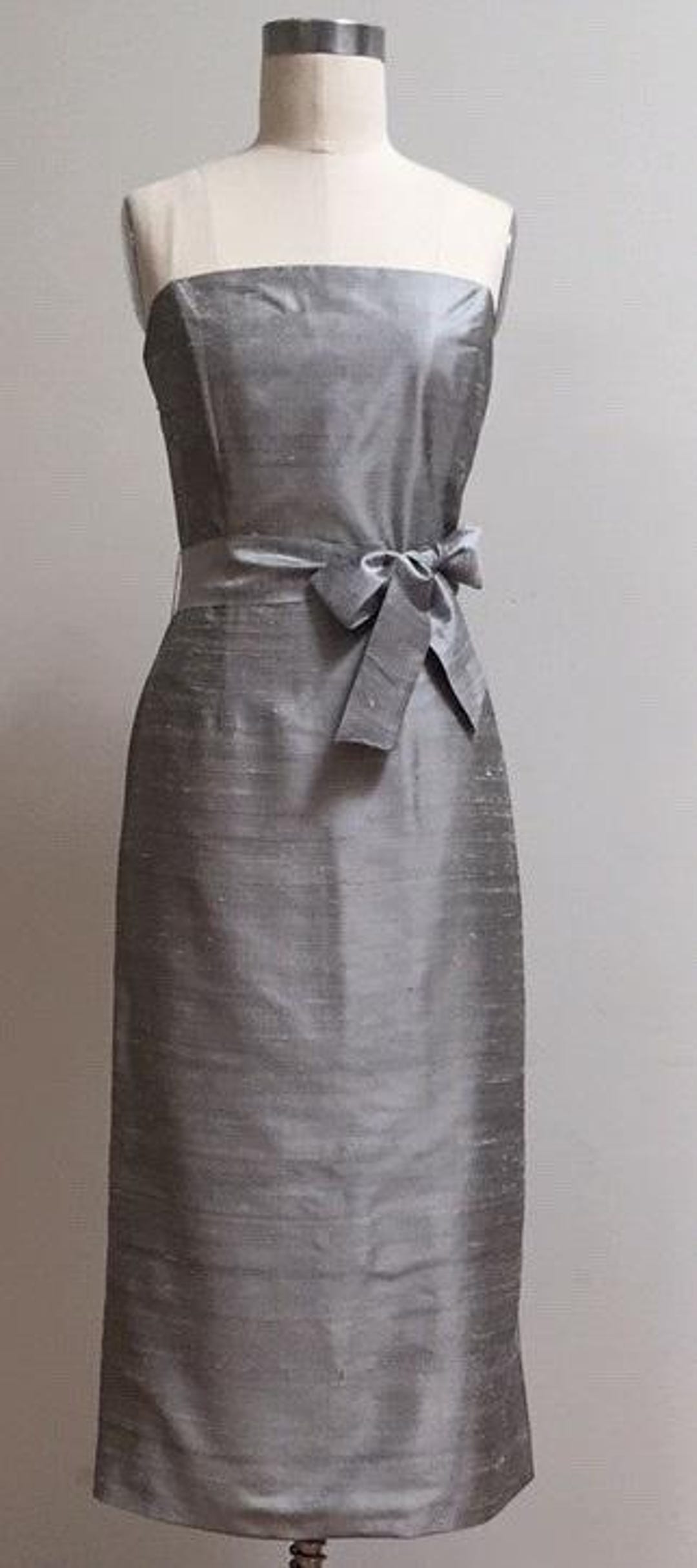 Silver Strapless Dress, Tea-length Dress, Silver Sheath, Strapless ...