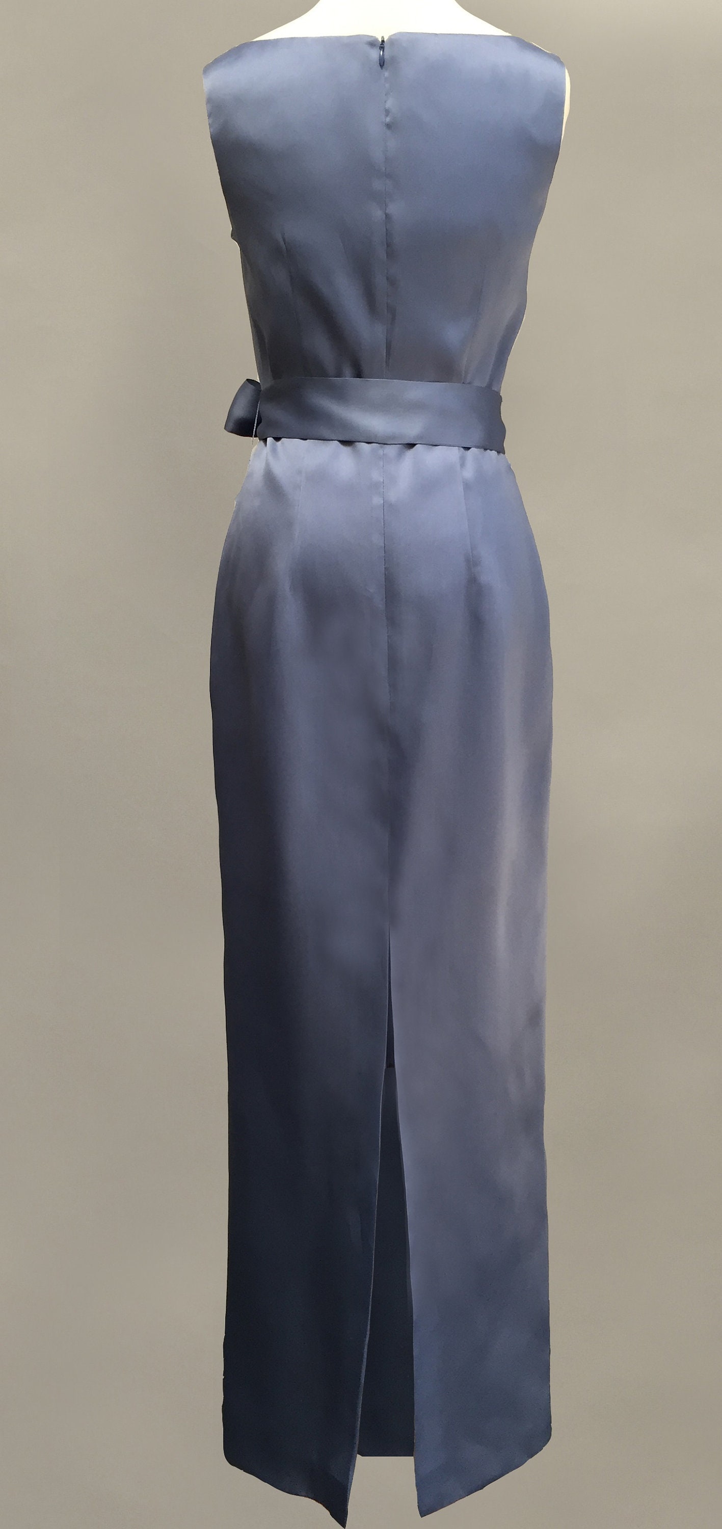Blue Silk Column Gown, Silk Organza, Detachable Sash, High Neck, Slim ...
