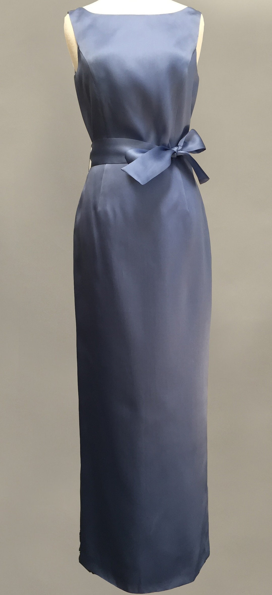 Blue Silk Column Gown, Silk Organza, Detachable Sash, High Neck, Slim ...