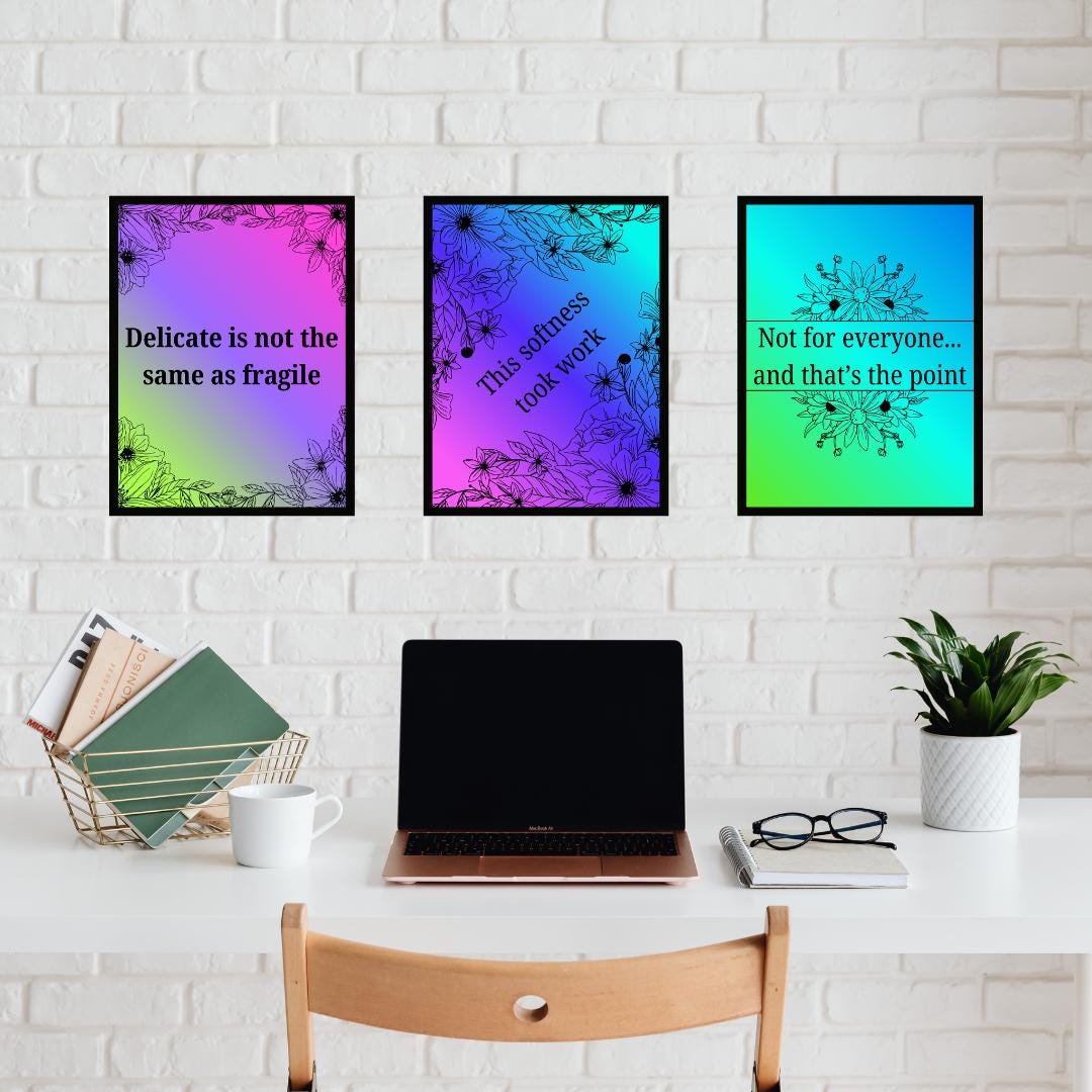 Bright Ombre Floral Wall Art Set of 3|modern Quote Posters|neon ...