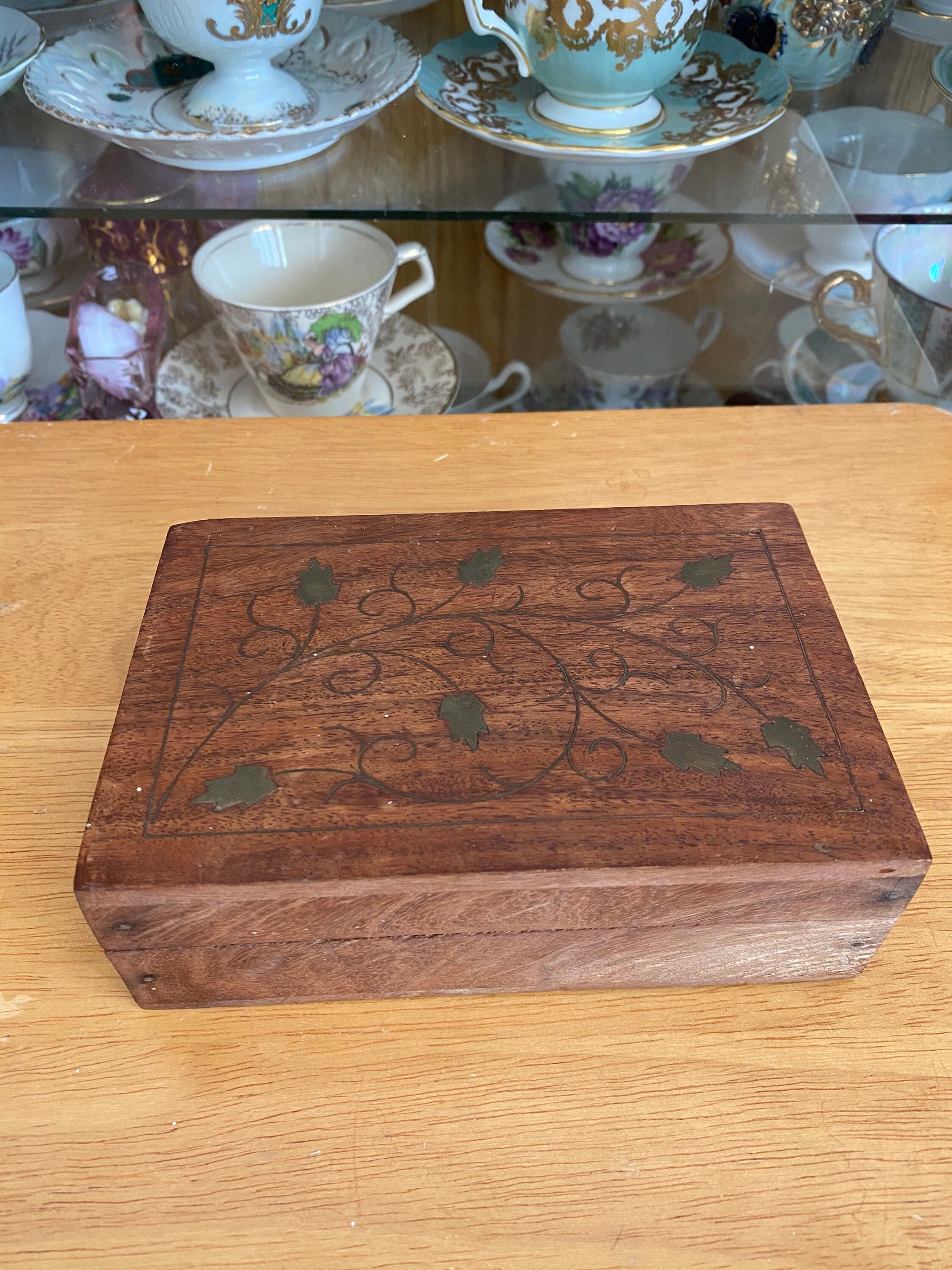 Vintage Inlay Wood Box Brass Metal Inlay Wooden Trinket Box | Etsy