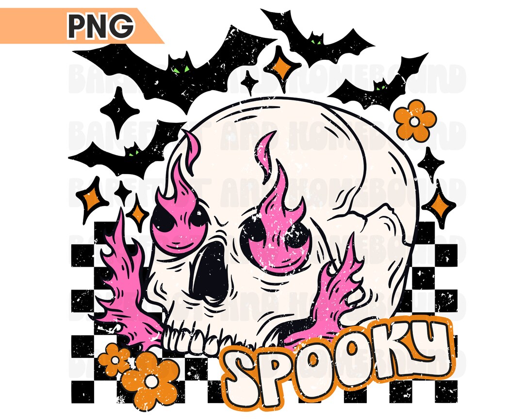 Checkered Spooky Skull PNG, Retro Halloween PNG, Bats and Skeleton ...