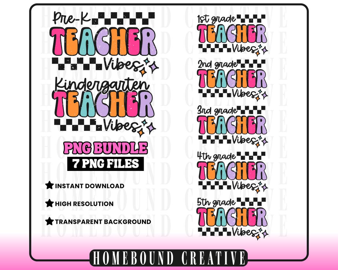 Teacher Vibes PNG Bundle: Retrro Checkered Elementary Teach Designs ...