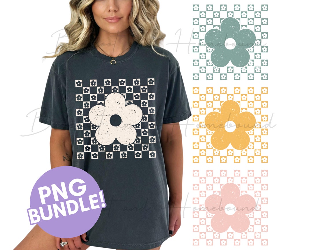 Checkerboard Flowers PNG Bundle, Checkered Spring PNG, Retro Flowers ...