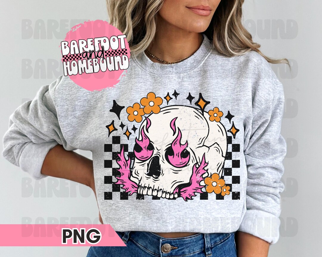 Checkered Skull PNG, Retro Flowers Skeleton PNG, Skeleton Retro Design ...