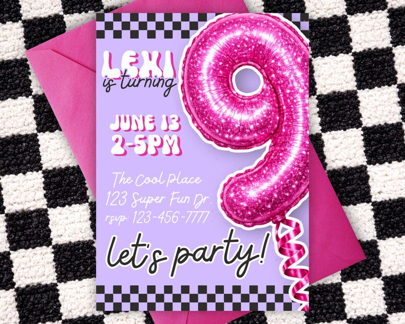 Pink Girl 9th Birthday Invitation Template, Checkered Party Editable ...
