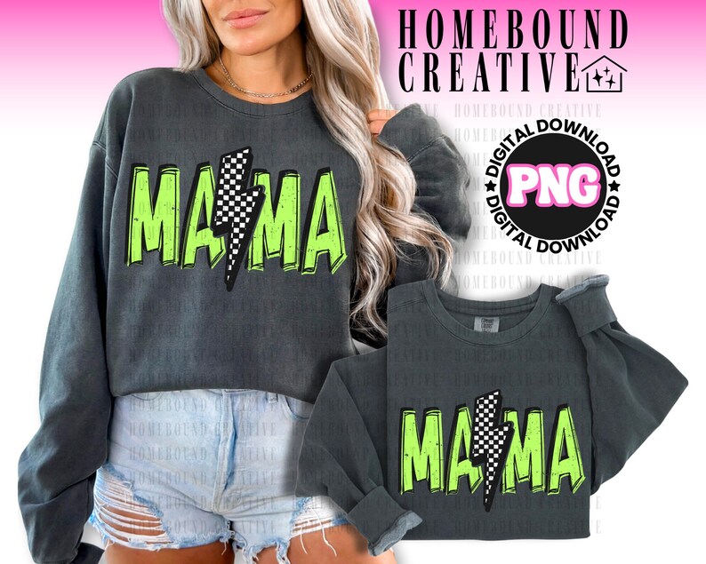 Neon Mama PNG: Checkered Lightning Bolt, Lime Green Motherhood Shirt ...