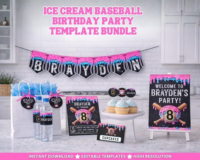 Ice Cream Baseball Drip Party Bundle, Editable Birthday Decorations ...