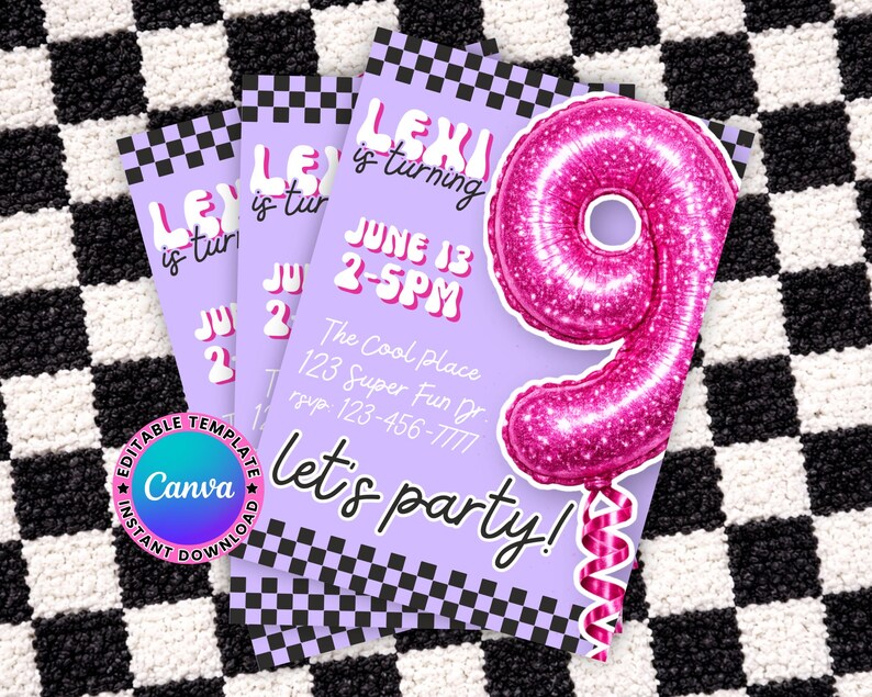 Pink Girl 9th Birthday Invitation Template, Checkered Party Editable ...