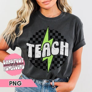 Neon Checkered Teach PNG, Teacher Png, Lightning Bolt Teach PNG, Retro ...
