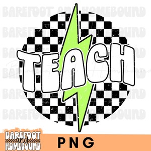 Neon Checkered Teach PNG, Teacher Png, Lightning Bolt Teach PNG, Retro ...