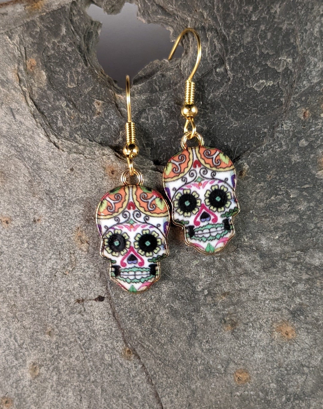 Sugar Skull Enamel Look Halloween Earrings With Sunflower Eye Sockets ...