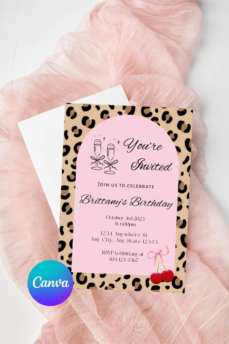 Pink Cheetah Birthday Invitation Template: Editable Canva Design (5x7 ...