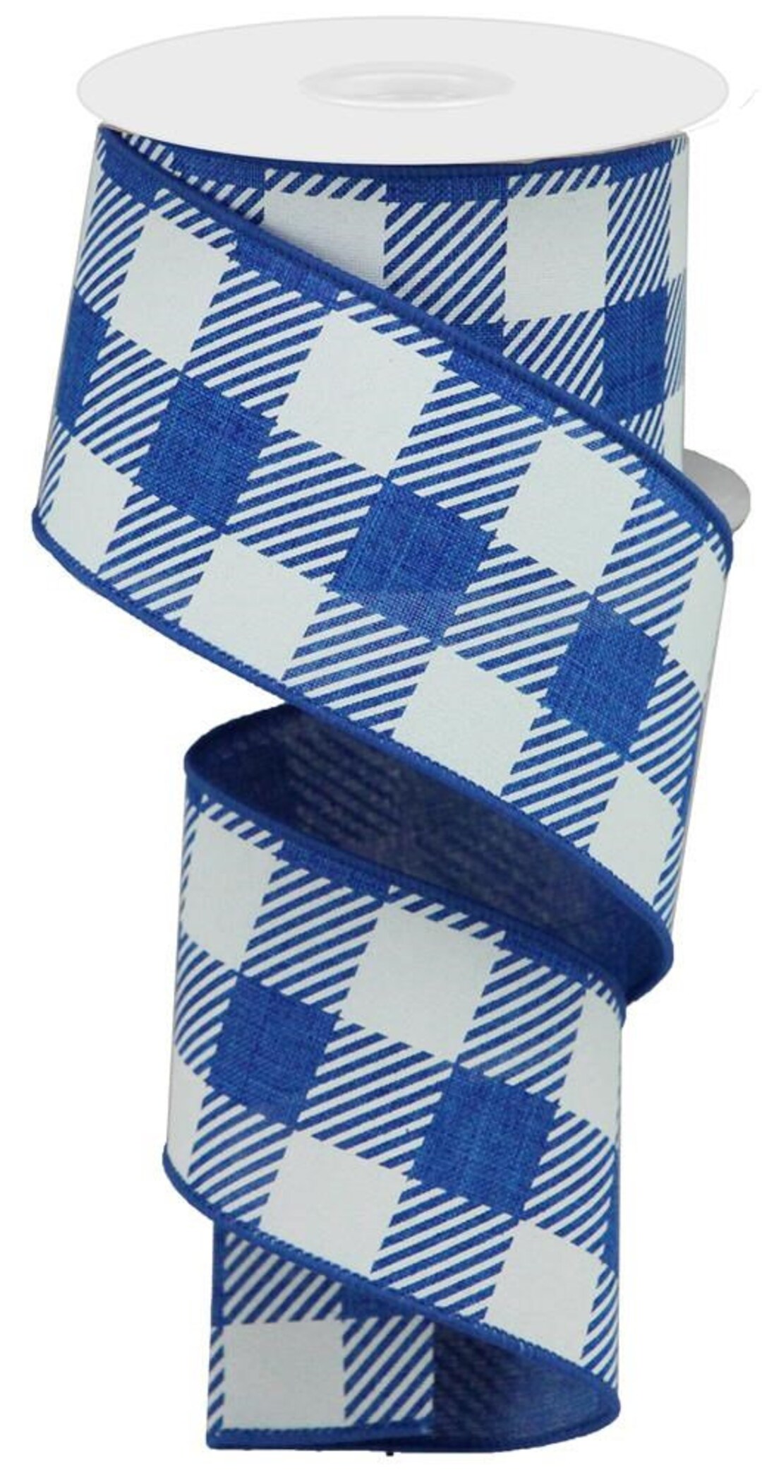 Royal Blue and White Check Wired Ribbon, 2.5"x10yd Large Striped Check ...