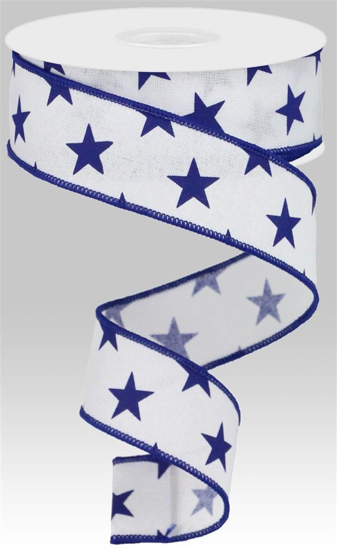 Navy Blue Stars on White Royal Background Wired Ribbon, 1.5"x10yd Stars ...