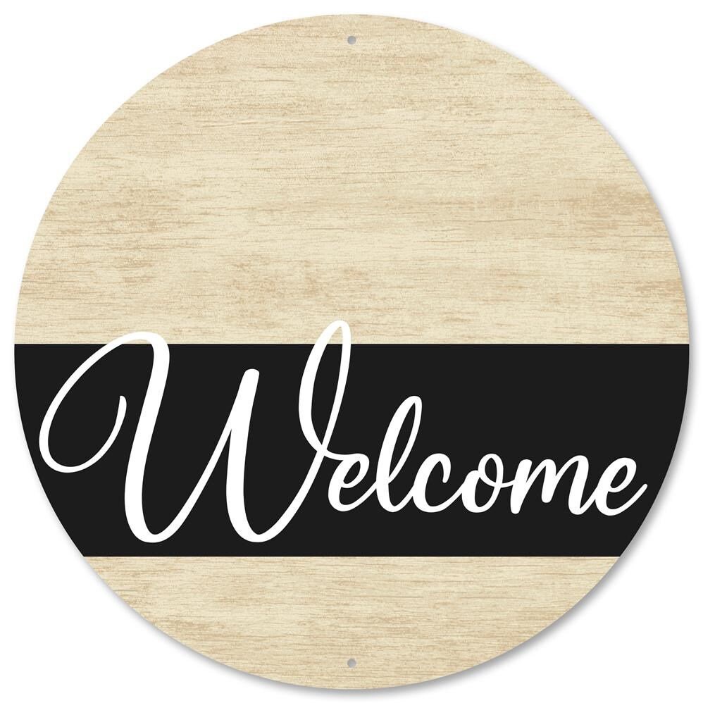 Welcome Sign, METAL Welcome Tan Wood Sign, 12 Inches in Diameter Metal ...