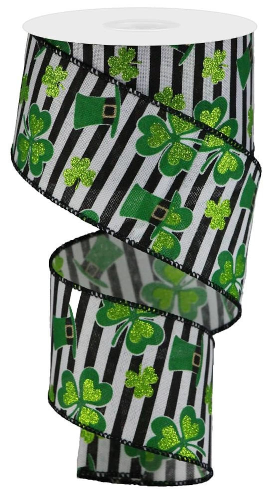 St. Patrick's Day Wired Ribbon, 2.5" X 10yd Glitter Shamrock / Stripes ...