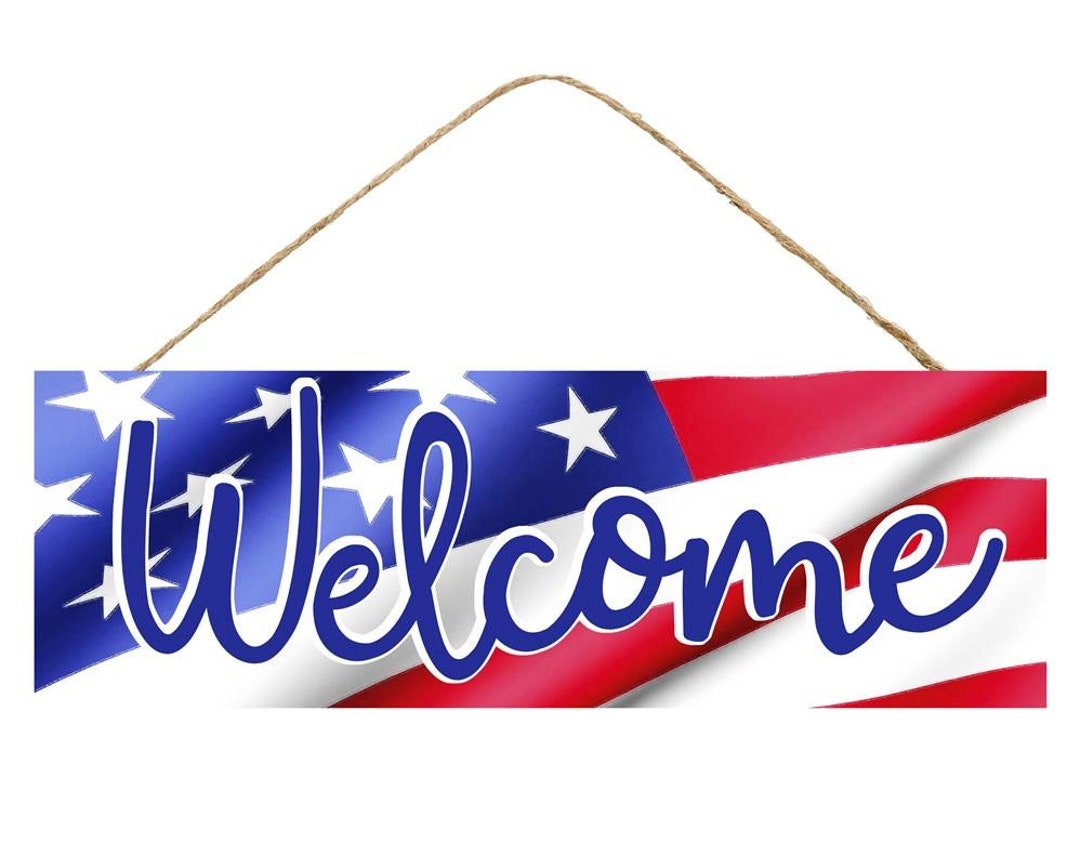 Welcome American Flag Sign, Patriotic Wreath Sign, 15"l X 5"h Welcome ...