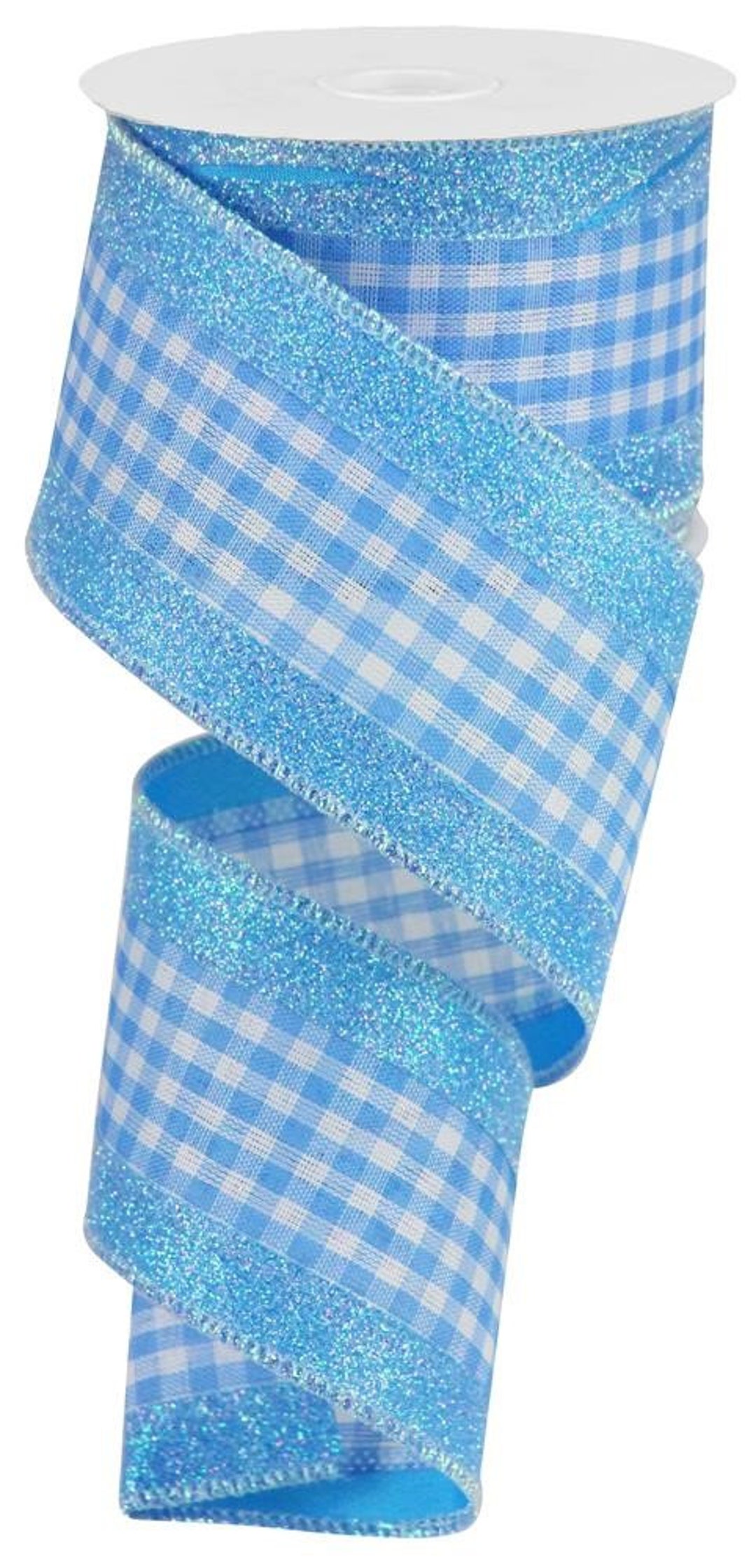 Light Blue Spring Wired Ribbon, 2.5" X 10yd 3-in-1 Glitter/gingham ...