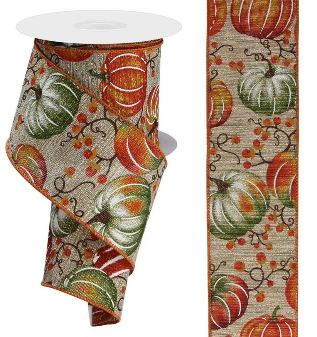 Fall Wired Ribbon, Pumpkins Ribbon, 2.5"x10yd Pumpkins With Bittersweet ...