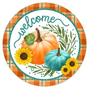 Fall Round Metal Sign, 12"dia Metal / Glitter Welcome With Pumpkins, 12 ...