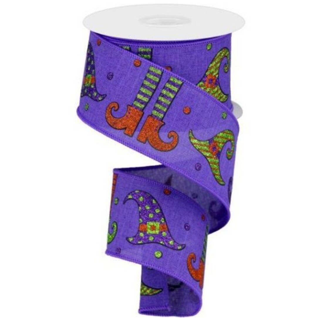 Halloween Wired Ribbon, Glittered Witch Hats & Legs Ribbon: Purple on ...