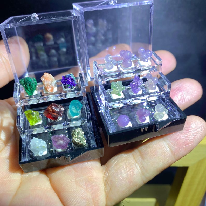 Raw Mineral Collection in Display Case, Miniature Crystal Gemstone Set ...