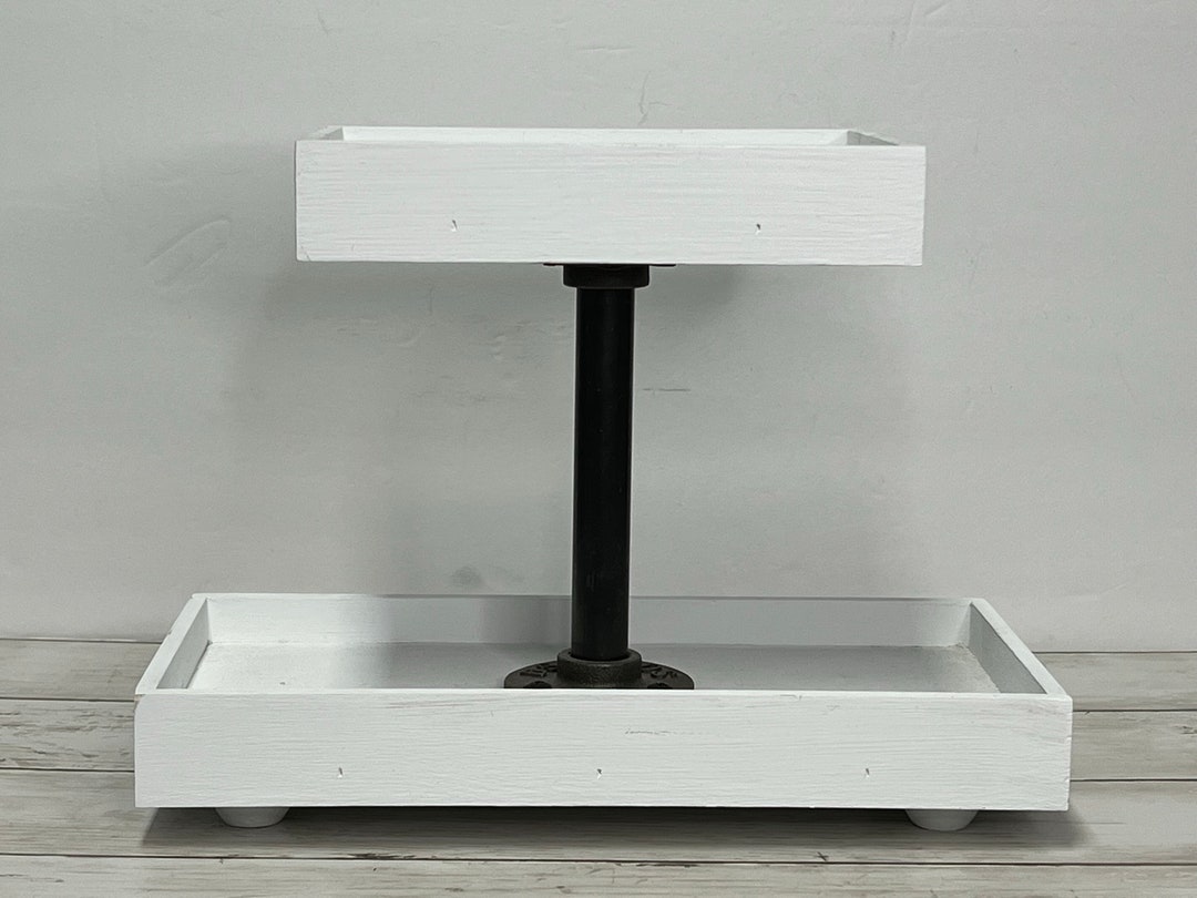 White Rectangle Two Tier Wood Tray: Farmhouse Bathroom Stand - Etsy