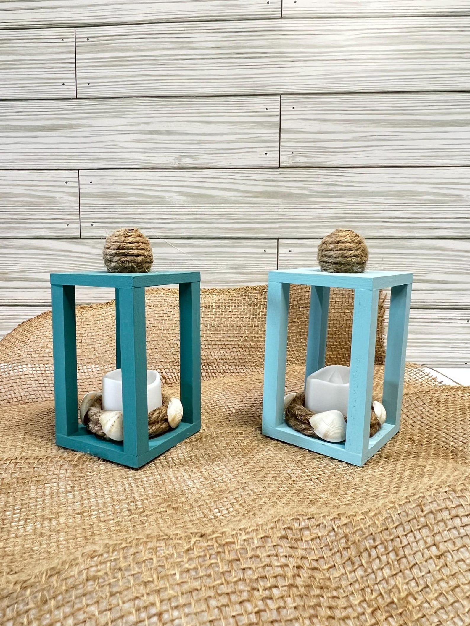 Beachy Aqua Mini Wood Lantern: Seashell Tiered Tray Decor - Etsy