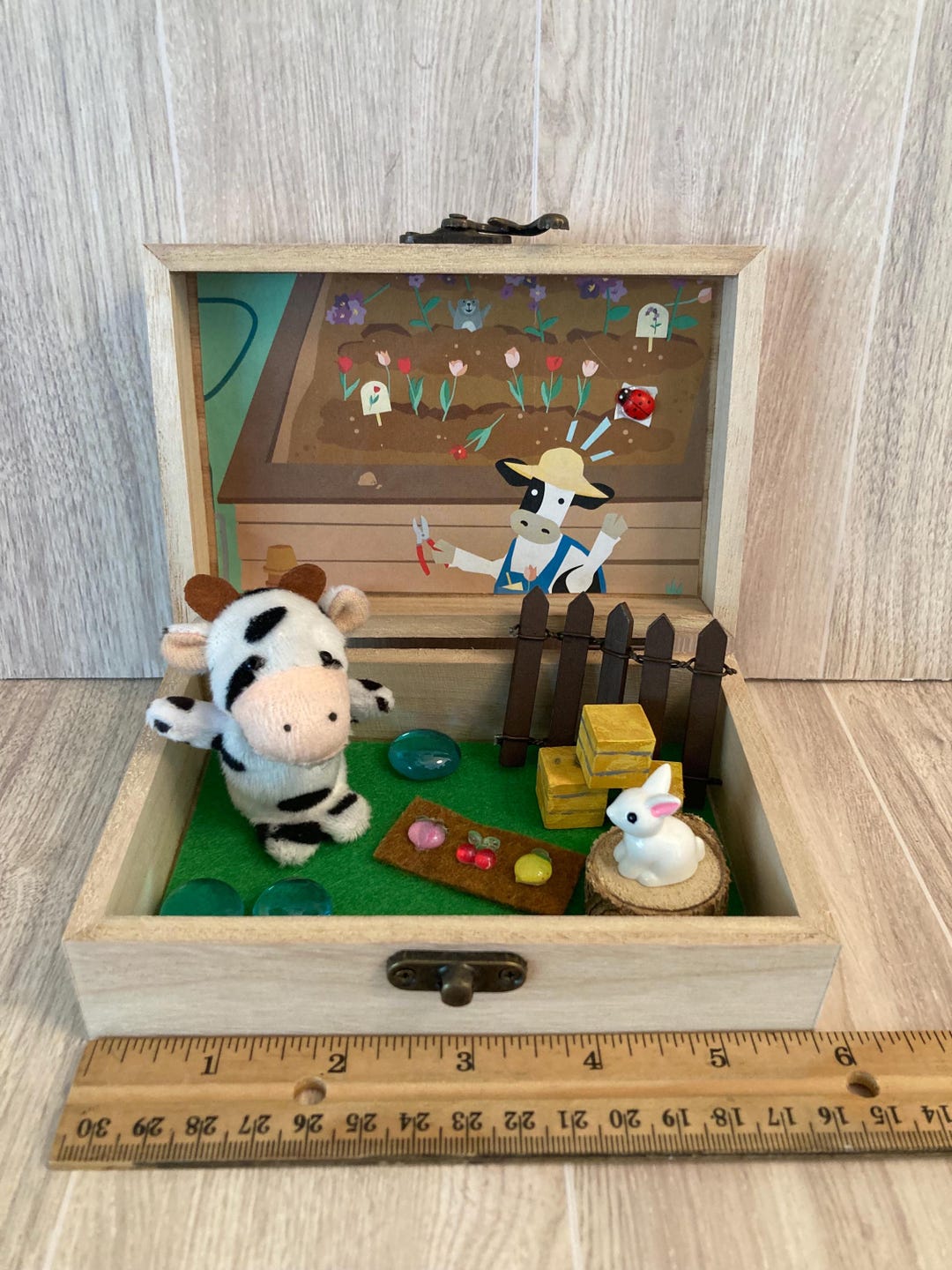 Plush Cow and Garden, Farm Play Box Set, Quiet Travel Play Kit, Pocket ...