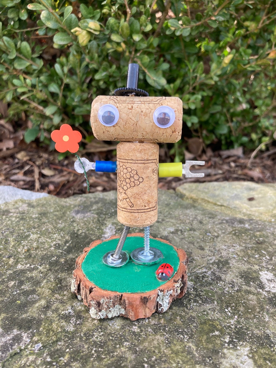 Robot Made of Cork and Scrap, Robot Holding Flowers, Gift for ...