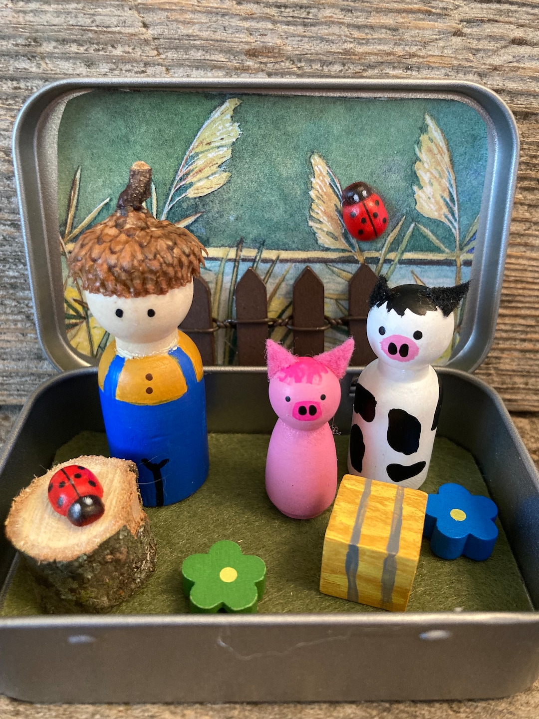 Peg Doll Farmer and Animals, Cow and Pig, Altoid Tin Farm Play Set ...