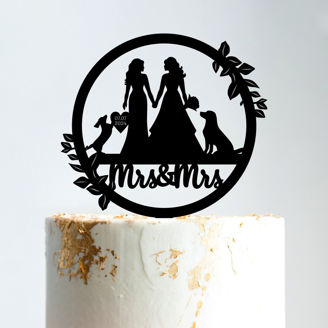 Lesbian Wedding Cake Topper, Boho Floral Wedding Cake Topper With Dog ...