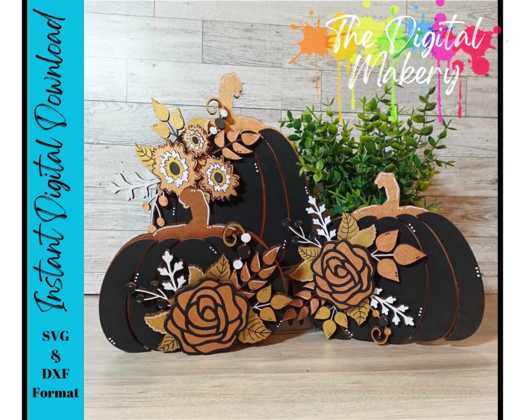 Floral Pumpkin Laser Cut File | Gold and Black Pumpkin Trio File ...
