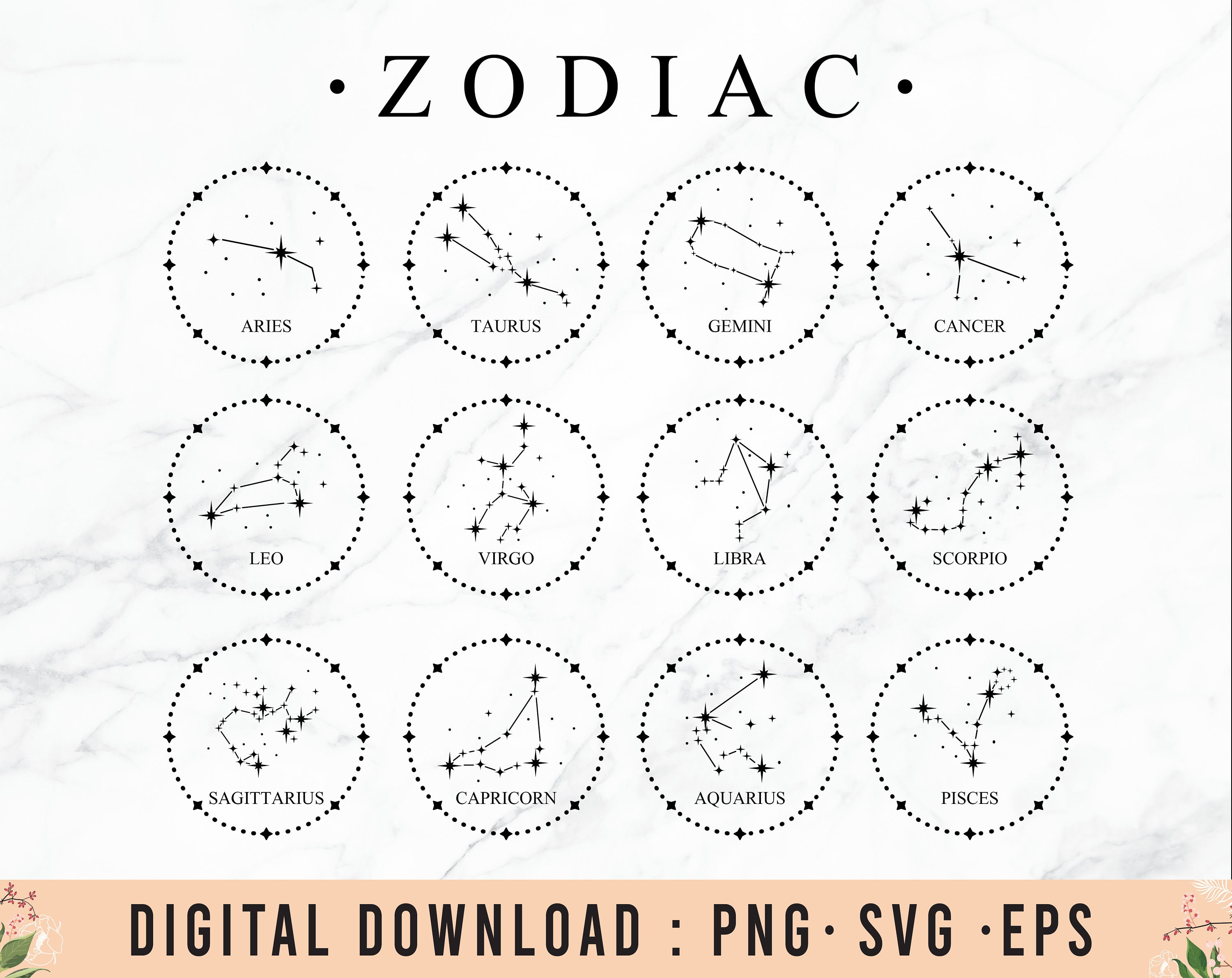 12 Astrology Zodiac Circle SVG Bundle Zodiac Signs SVG Constellation ...