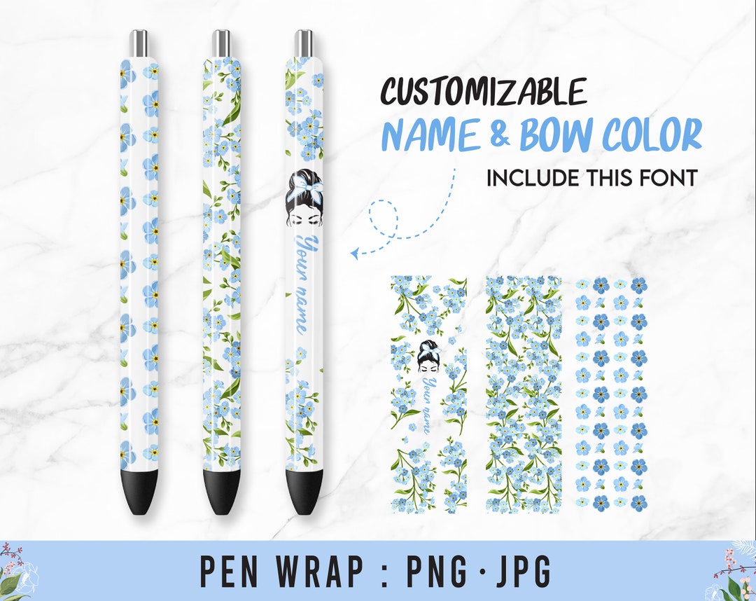 Forget Me Not Epoxy Glitter Pen Wrap, Watercolor Floral Pen Wrap ...