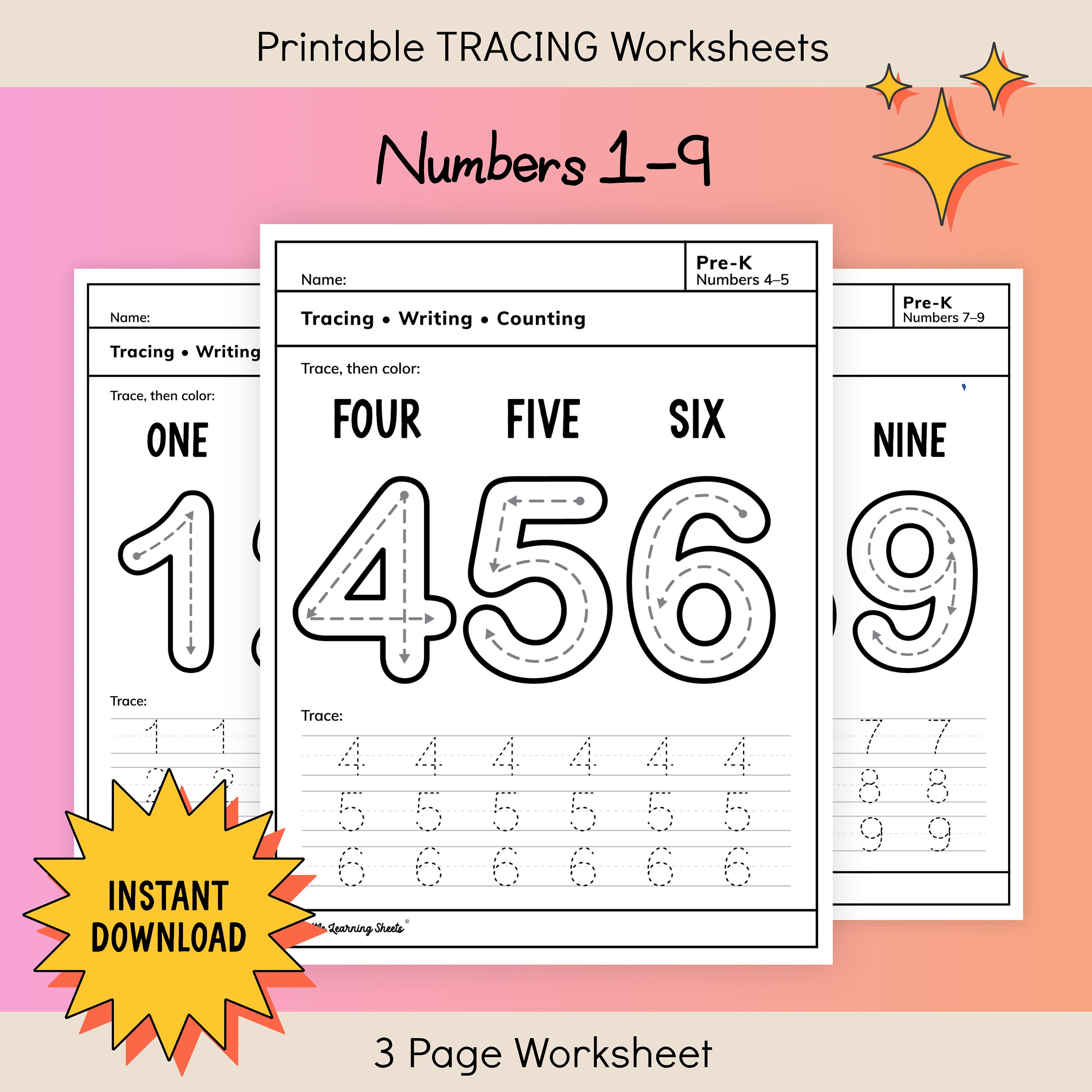 Pre-school Numbers Tracing Worksheet, Handwriting Practice, Basic ...