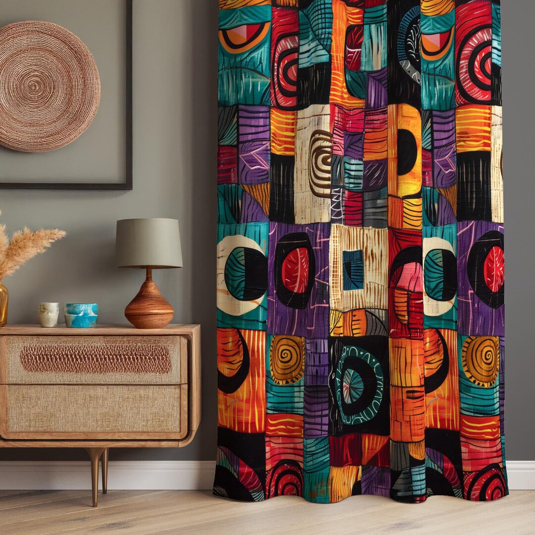 Colorful Retro Drapery Panel, Hippie Window Treatment, Scandi Curtain ...